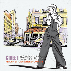 Fashionable Girl on a Street Background. Hand-Drawn Vector Illustration ...