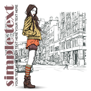 Cute Fashion Girl on a Street Background. Hand Drawn Vector ...