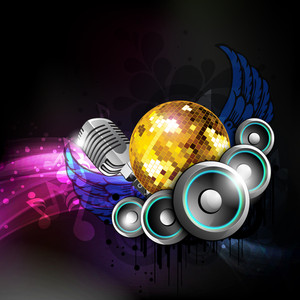 Ilustration On A Musical Theme Colorful Lights Background With Speaker ...