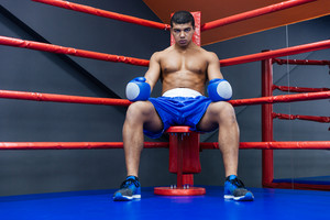 Professional male boxer sitting in the corner of the boxing ring ...