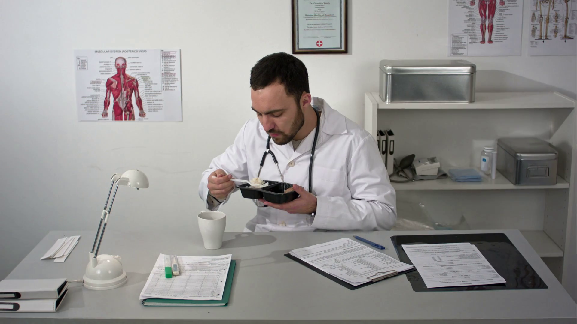 Bearded Doctor Choked During Having Lunch At Stock Motion Graphics SBV ...