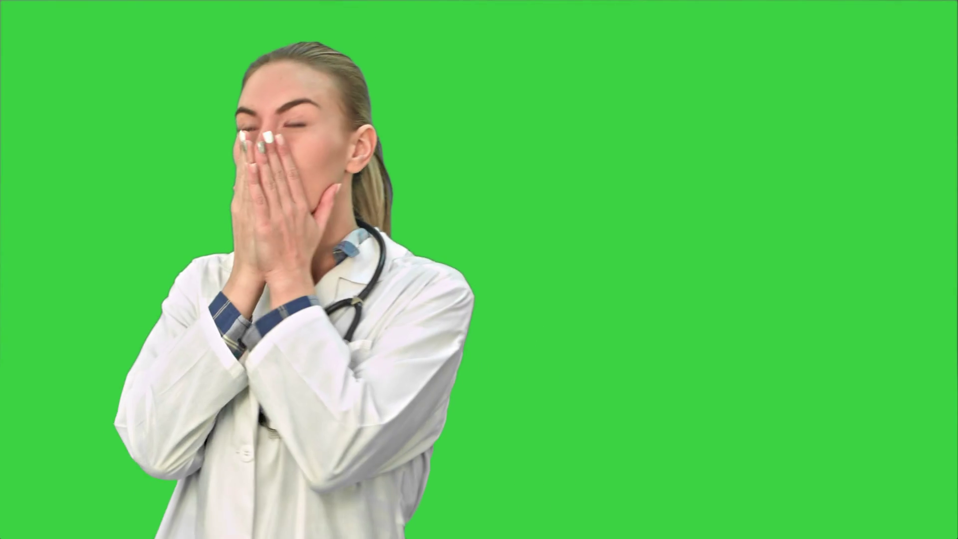 Young female doctor tired, yawning and suffering from headache on a ...