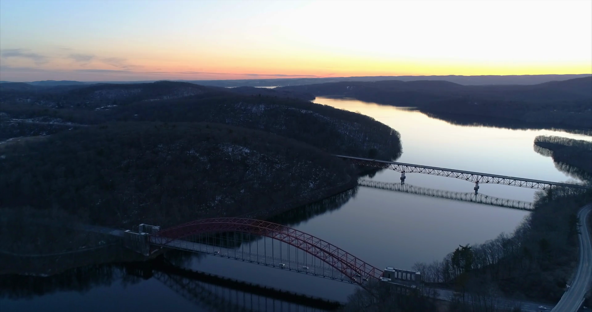 Aerial Of Bridges Over New Croton Reservoir Stock Footage SBV-346475061 ...