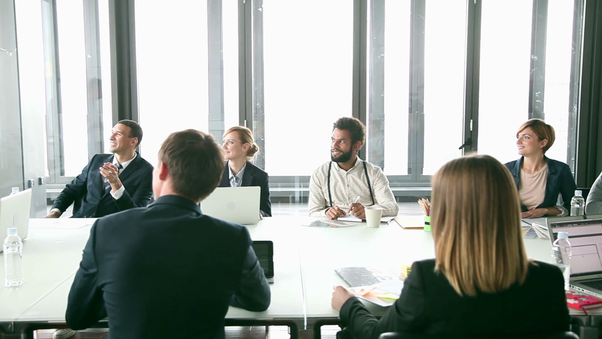 Happy Business People Sitting At Table In Stock Footage SBV-304506630 ...