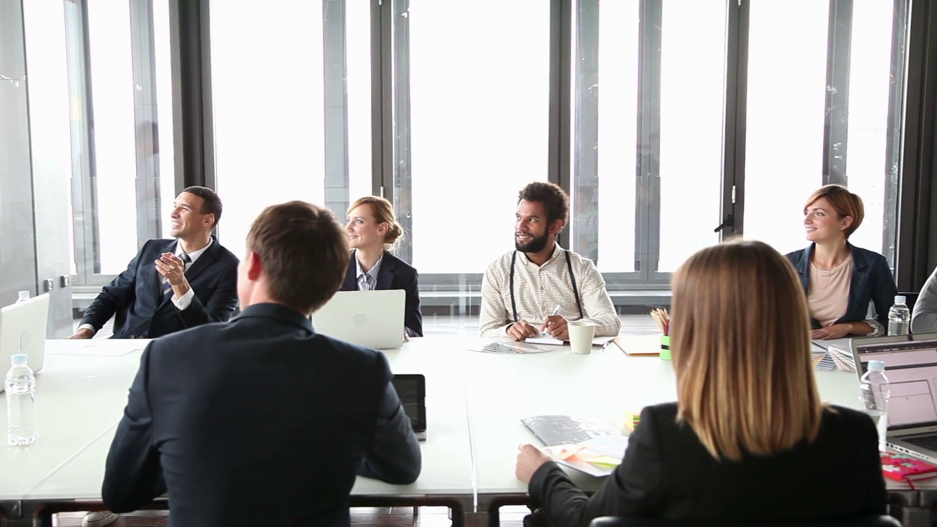 Happy Business People Sitting At Table In Stock Footage SBV-304506629 ...