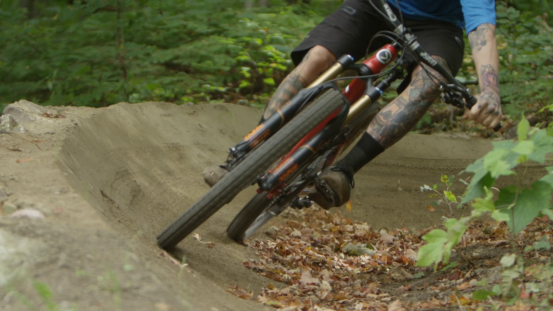 Mountain Bike Taking Corner Full Of Leaves Stock Footage SBV-352198173 ...
