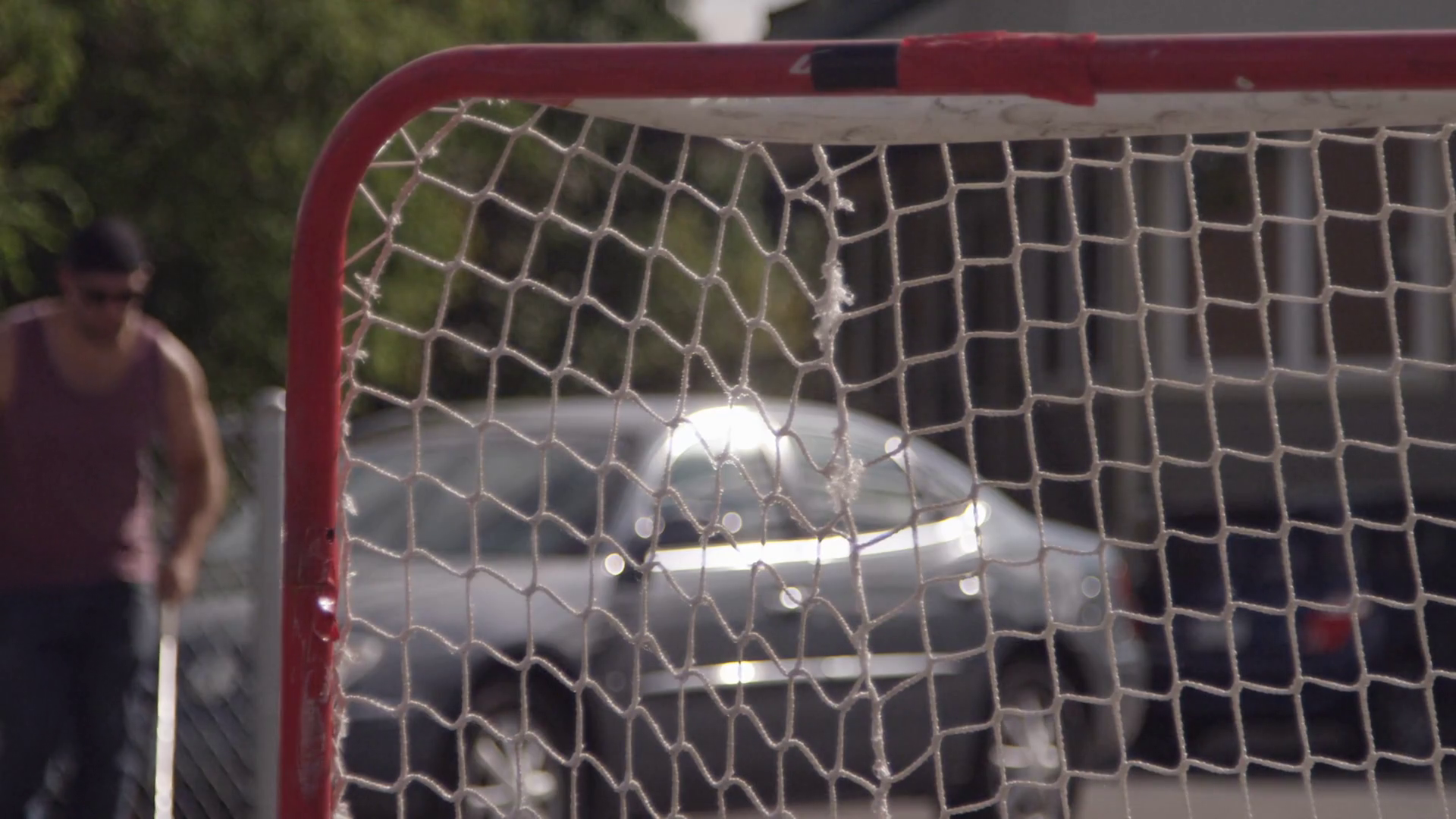 Man Running Behind Net Summer Ball Hockey Stock Footage SBV-347559940 ...