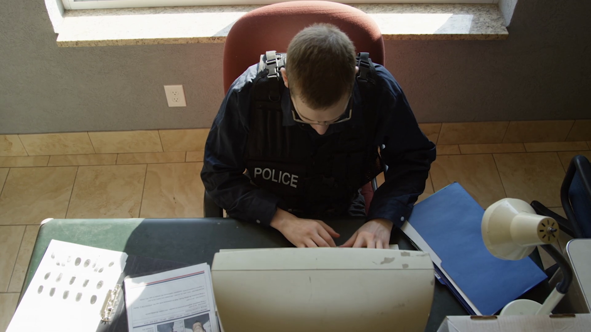 Police Officer Top View Typing On Computer Hd Stock Footage SBV ...