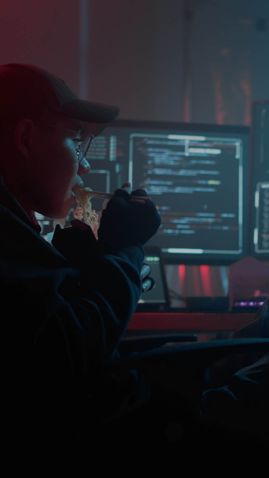 Hacker Eating Noodles Sitting With Legs At Stock Footage SBV-353105921 ...