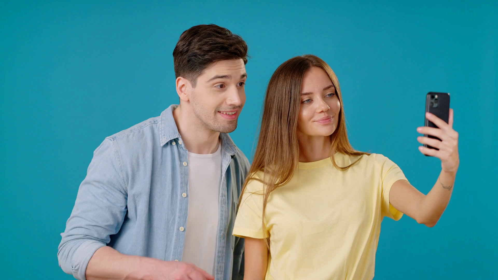 Smiling Man Woman Take Selfie Smiling Posing Stock Footage Sbv