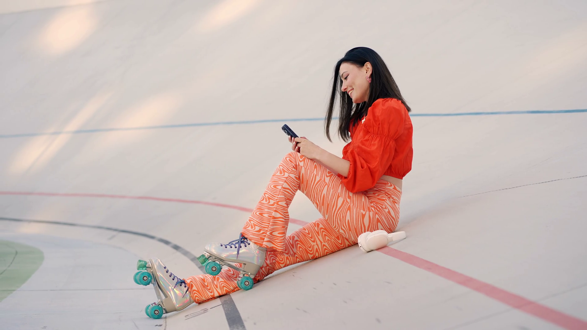 Lady In Retro Roller Skates Using Mobile Stock Footage SBV-348621466 ...