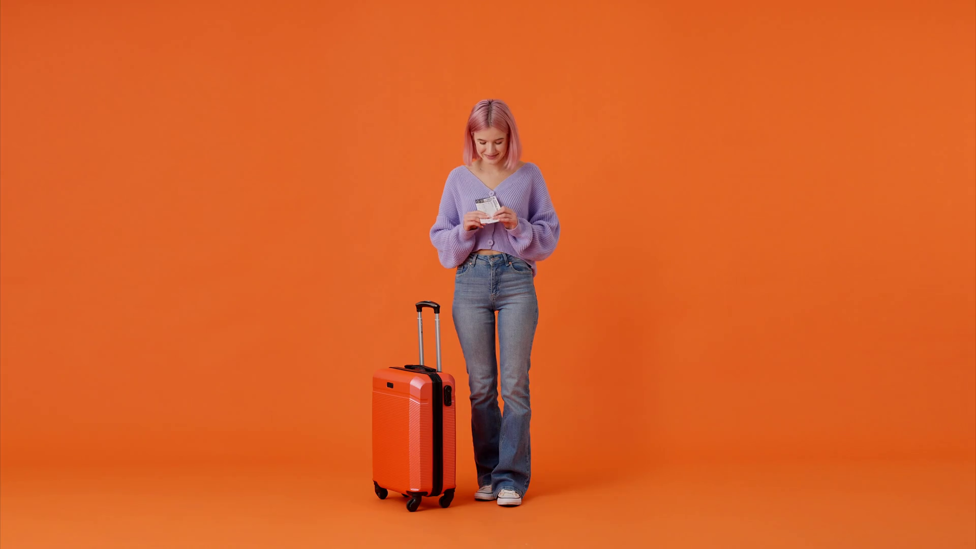 Excited Woman Holding Tickets Red Suitcase Stock Footage Sbv 348685560