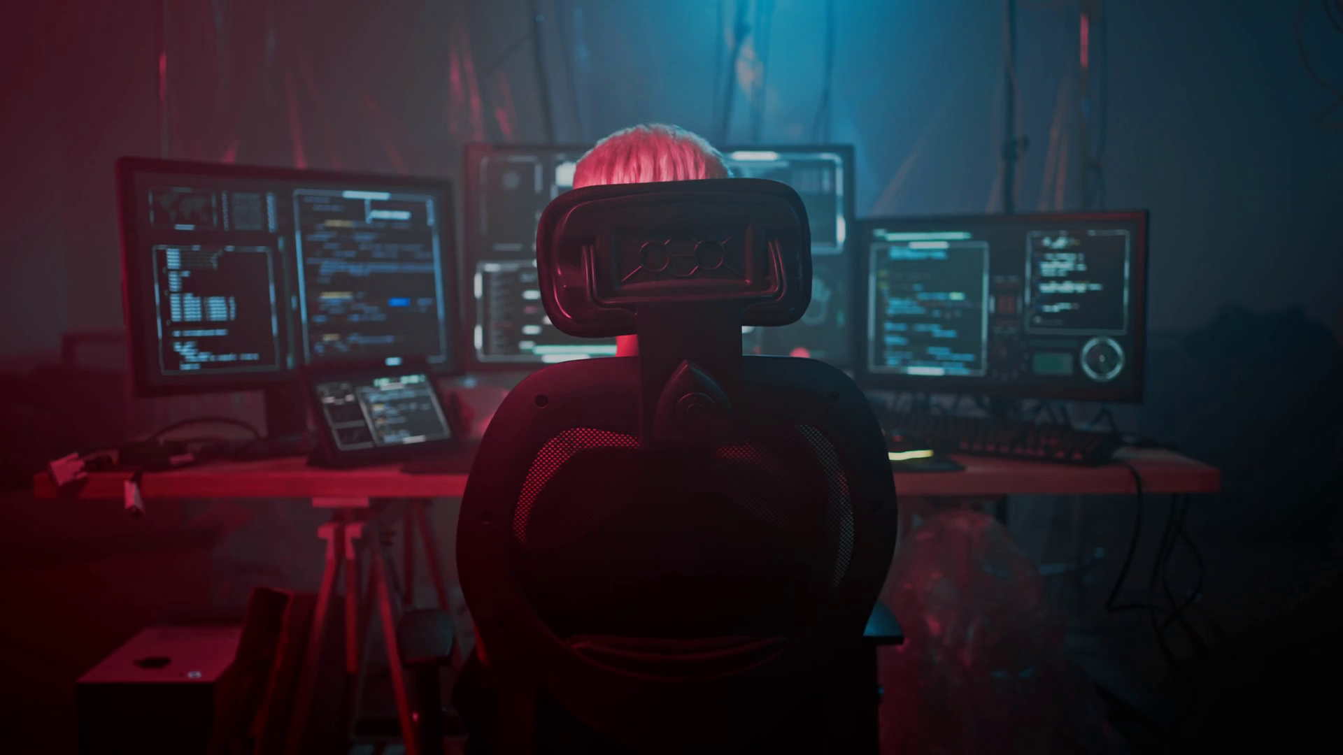 Hacker Turns Around On Armchair Against Stock Footage SBV-348833154 ...