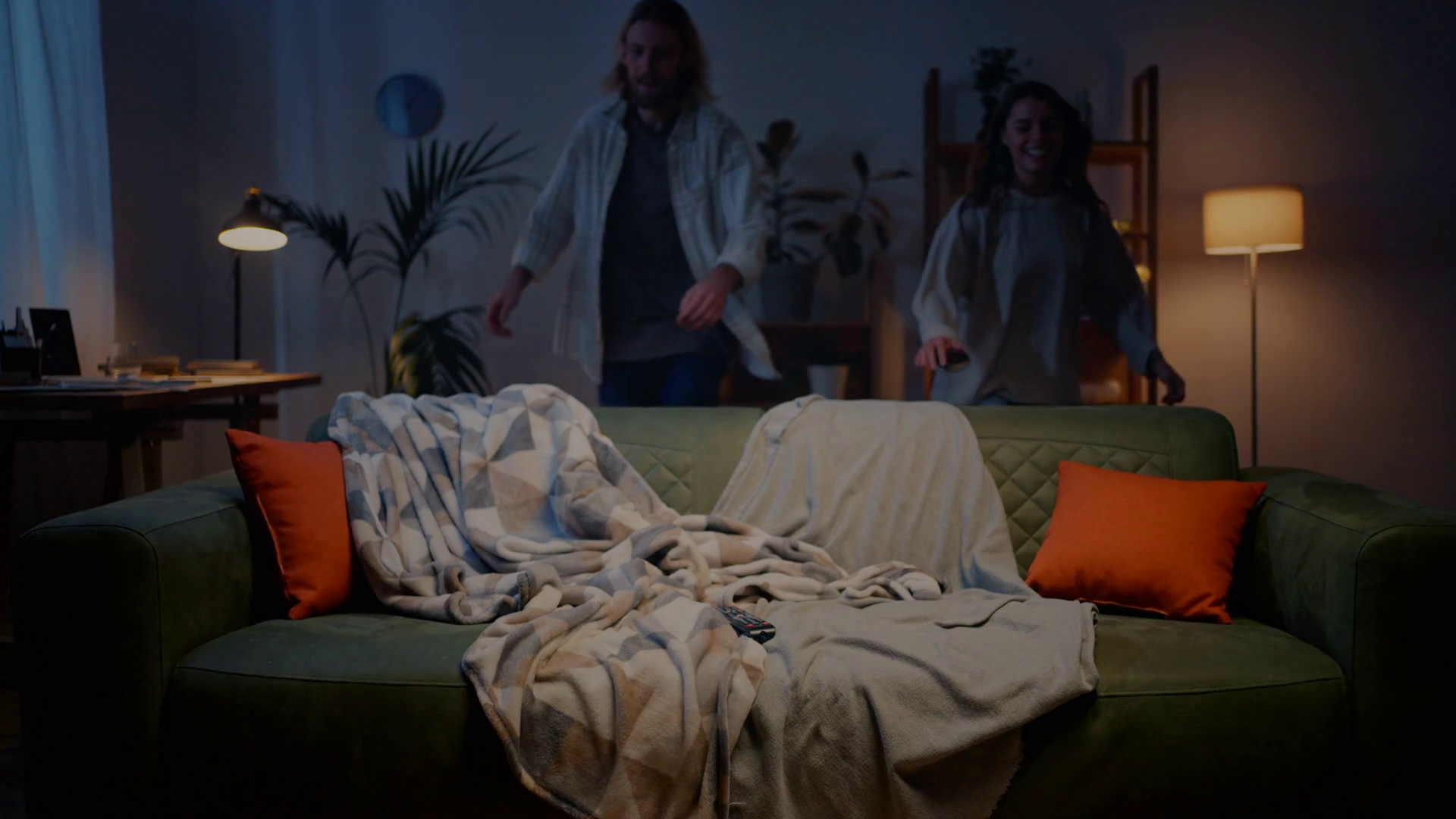 Male Female Jumping On Couch Watching Stock Footage SBV-348755308 ...