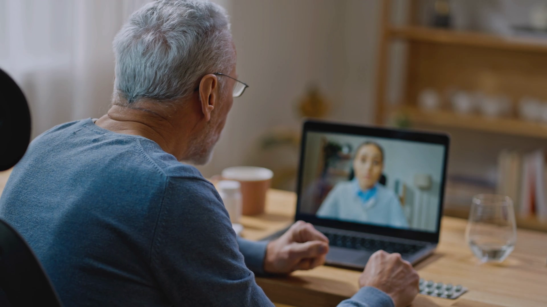 Back View Retired Old Man Holding Video Call Stock Footage SBV ...