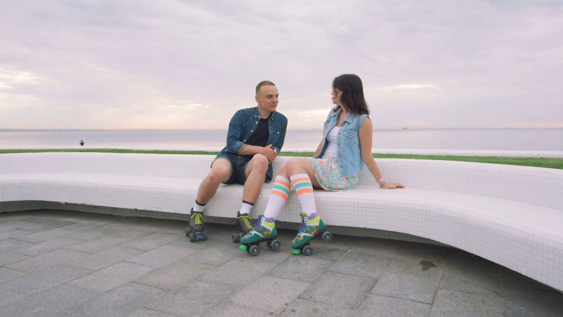 Lovely Couple Roller Skating Together Sea Stock Footage SBV-338317714 ...