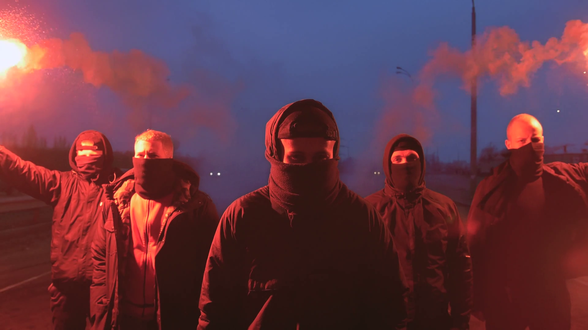 Group Of Young Men In Balaclavas With Red Stock Footage SBV-338299873 ...