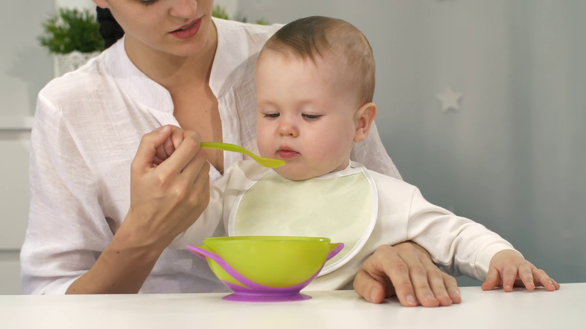 Baby With Bowl Spoon Try To Eating Stock Footage SBV-331172250 ...