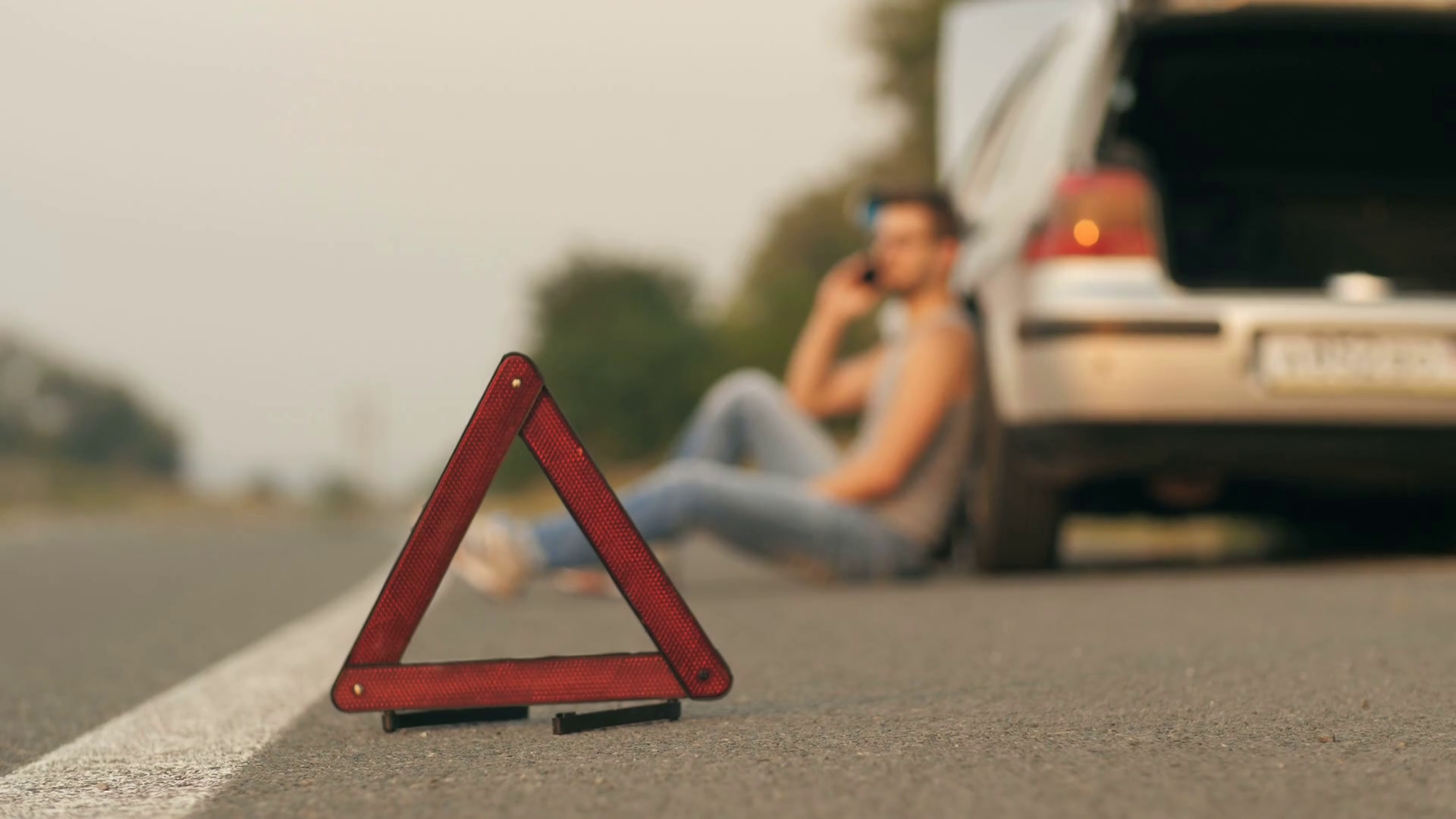 Man Stranded With Cell Phone Near Broken Car Stock Footage SBV ...