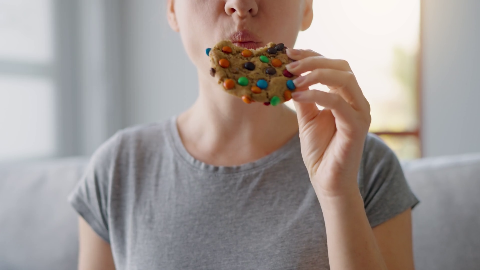 Hungry Woman Biting Chewing Colourful Chip Stock Footage SBV-347620912 ...