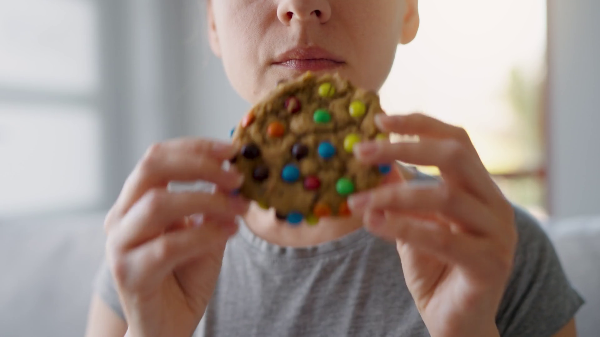 Hungry Woman Biting Chewing Colourful Chip Stock Footage SBV-347626343 ...