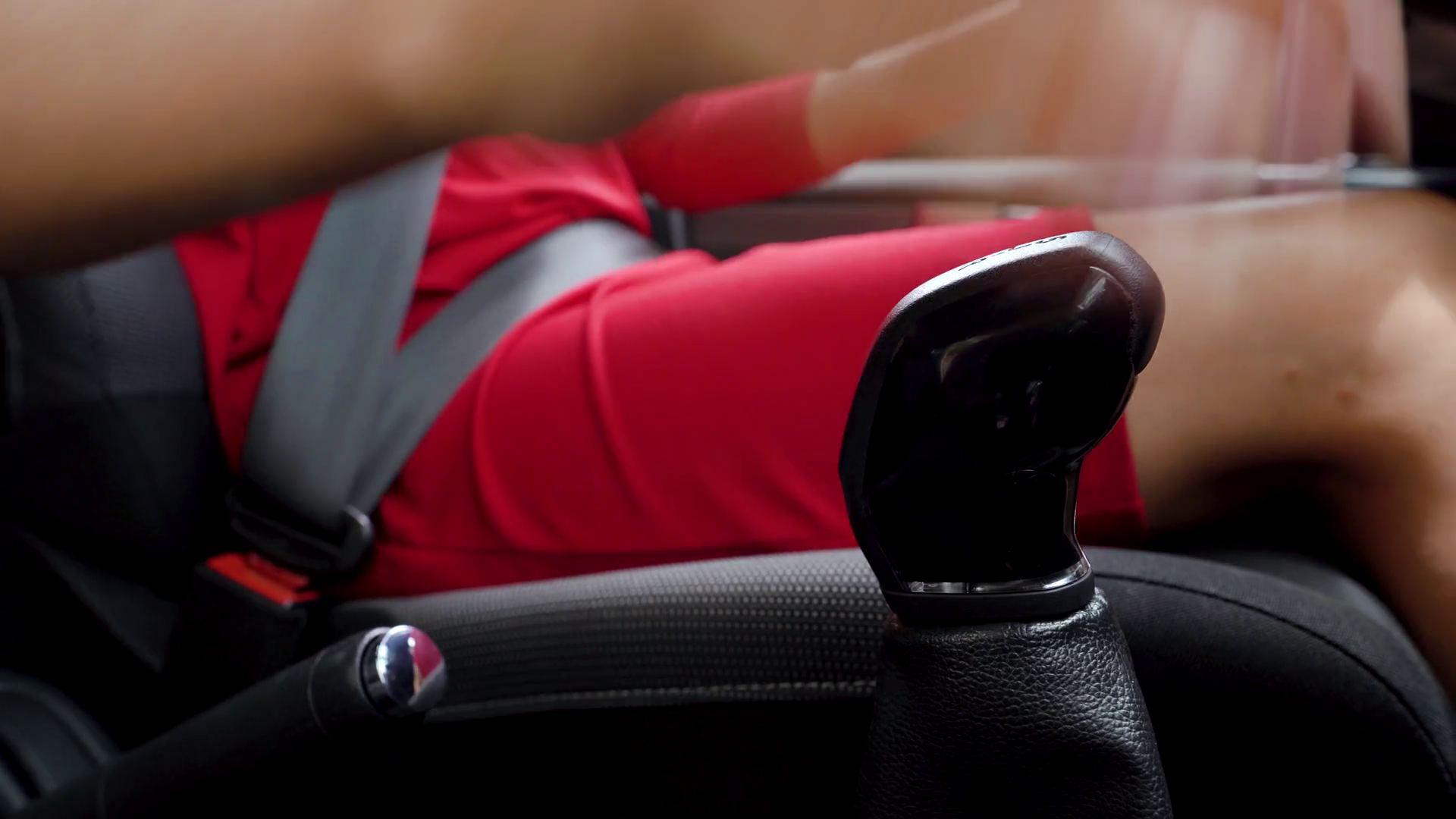 Close-up Of Woman Driver In Red Dress Shifts Stock Footage SBV ...