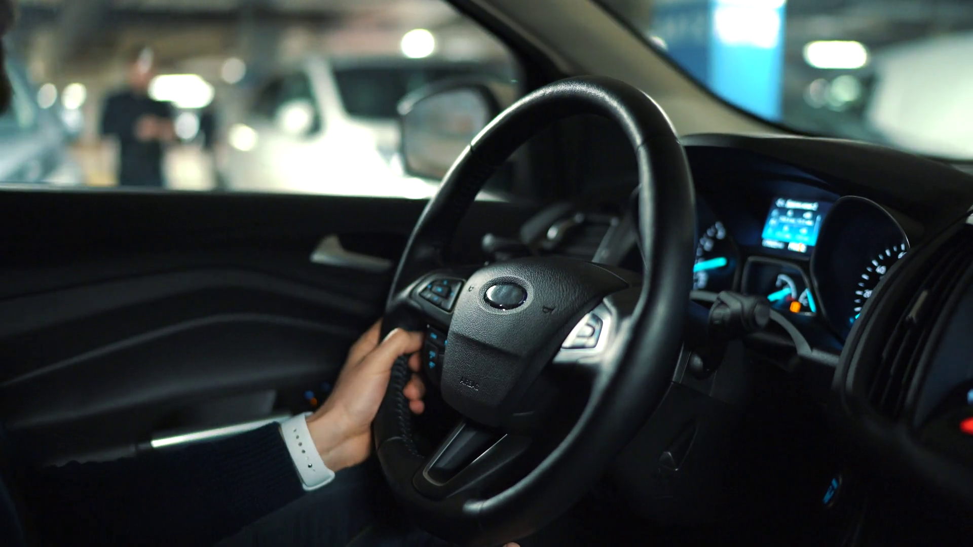 Man driving in innovative automated car using self-parking autopilot ...