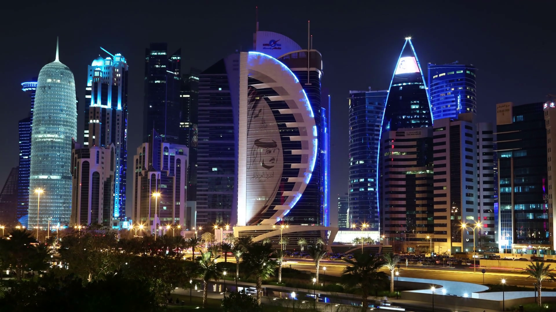 4K night time lapse of road traffic in financial centre in Doha, Qatar ...