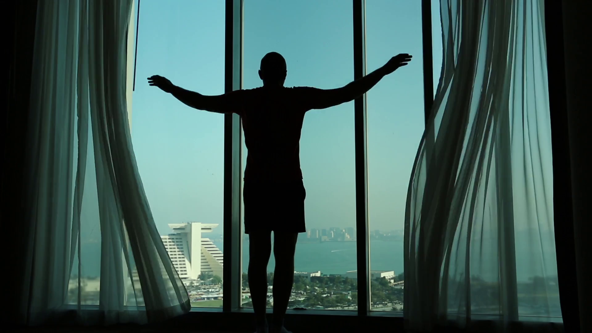 Man opens big window curtains Stock Video Footage - Storyblocks