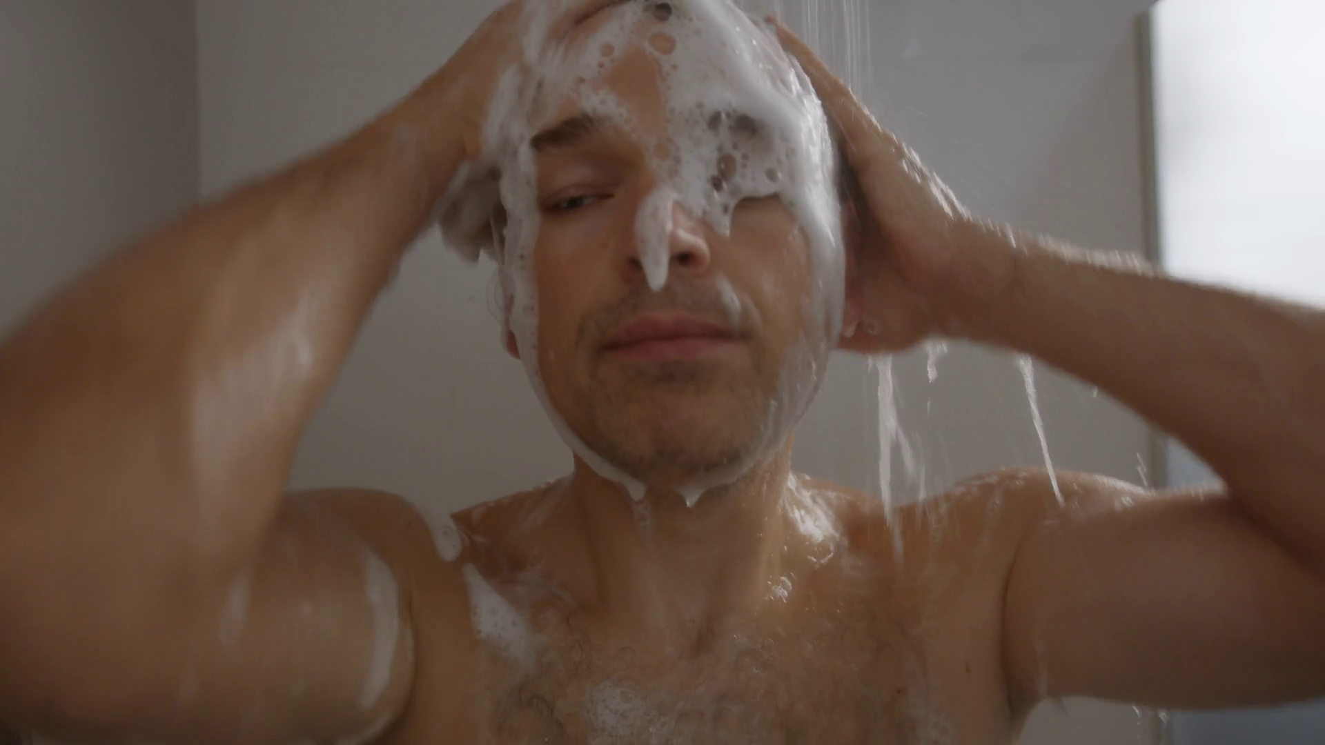 Man Rinsing Shampoo In Relaxing Shower Stock Footage SBV-351721663 ...