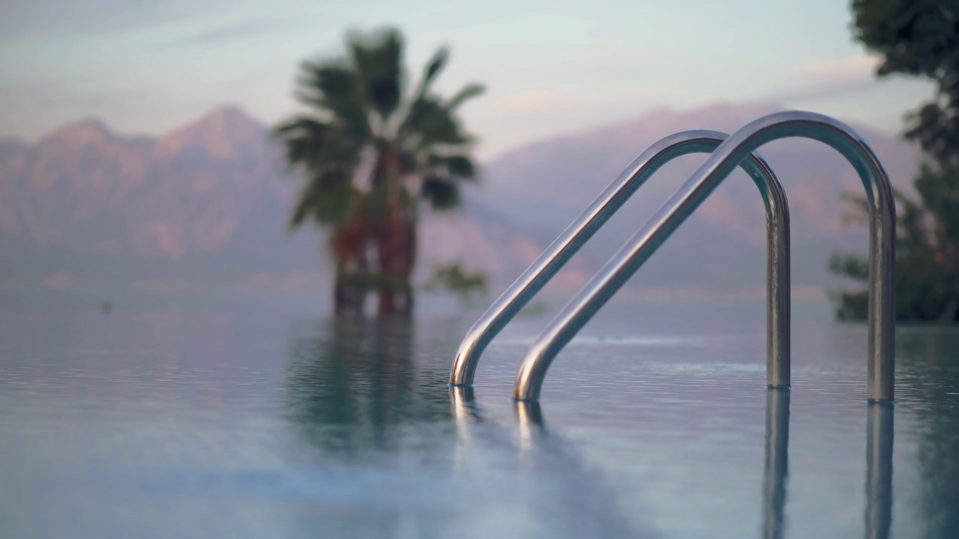 HD version - Shiny pool railing above the shaky water surface. There ...