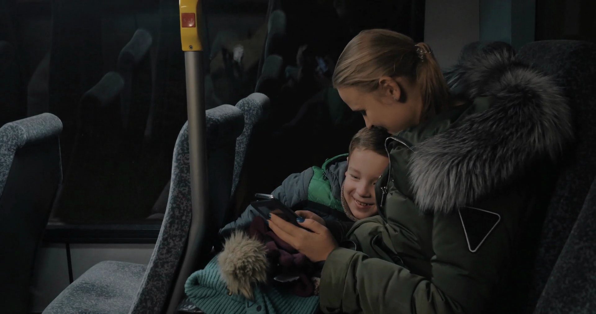 Mom Son Having Night Bus Ride To Pass Time Stock Footage SBV-338003362 ...