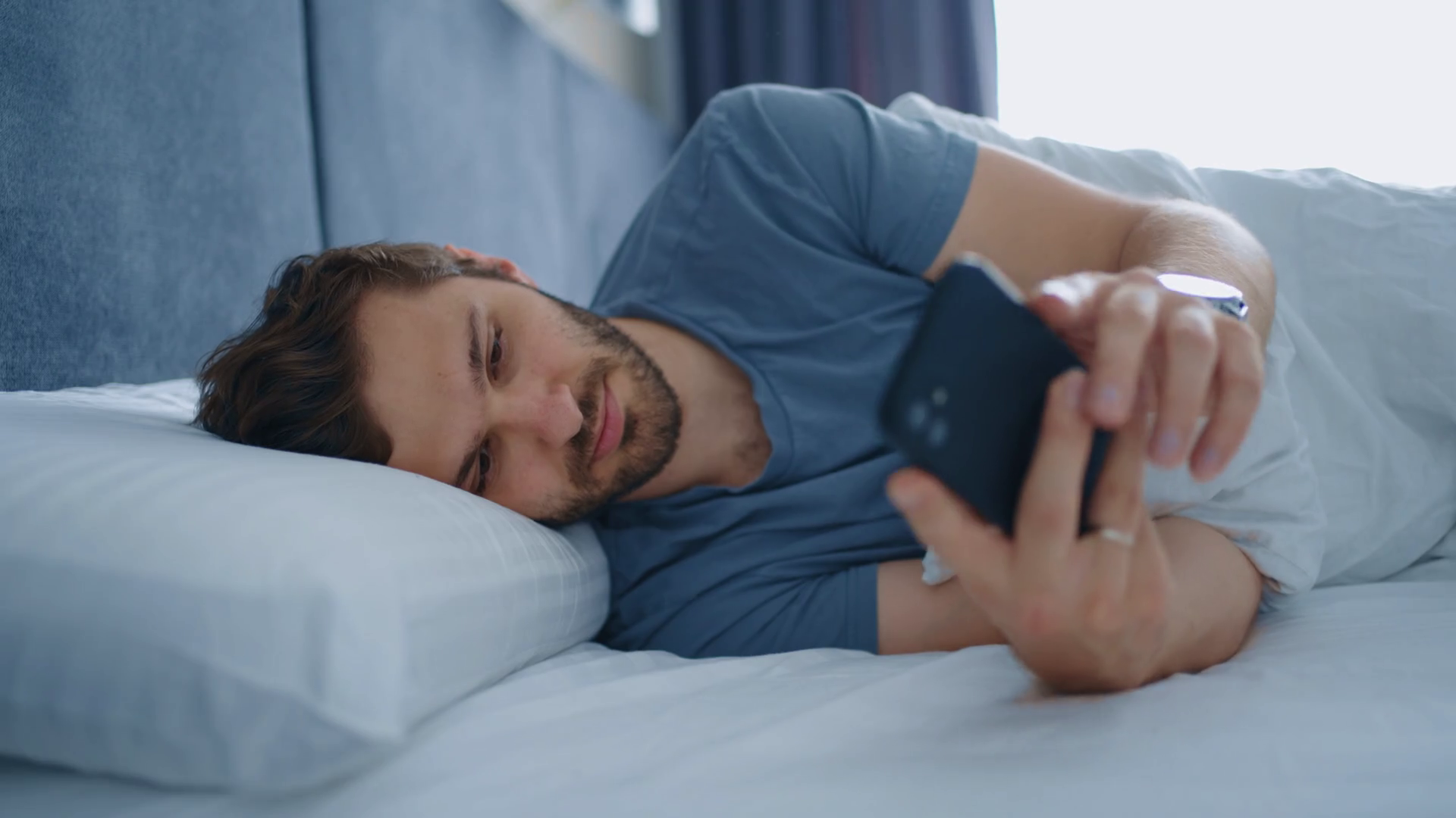 Young Lying Sitting At Bed Using Smart Phone Stock Footage SBV ...