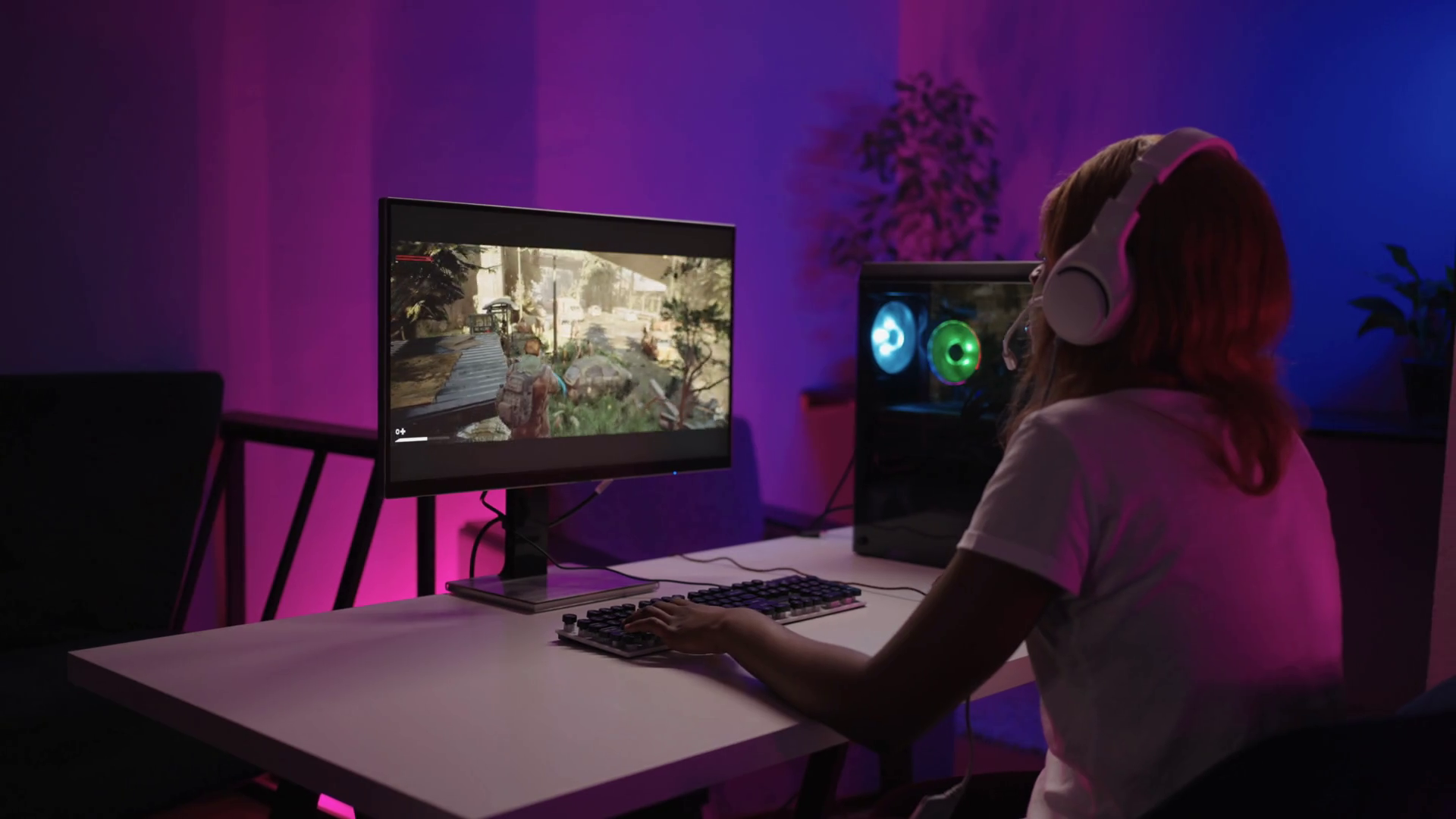 Female Gamer Playing Shooter Video Game View Stock Footage SBV ...