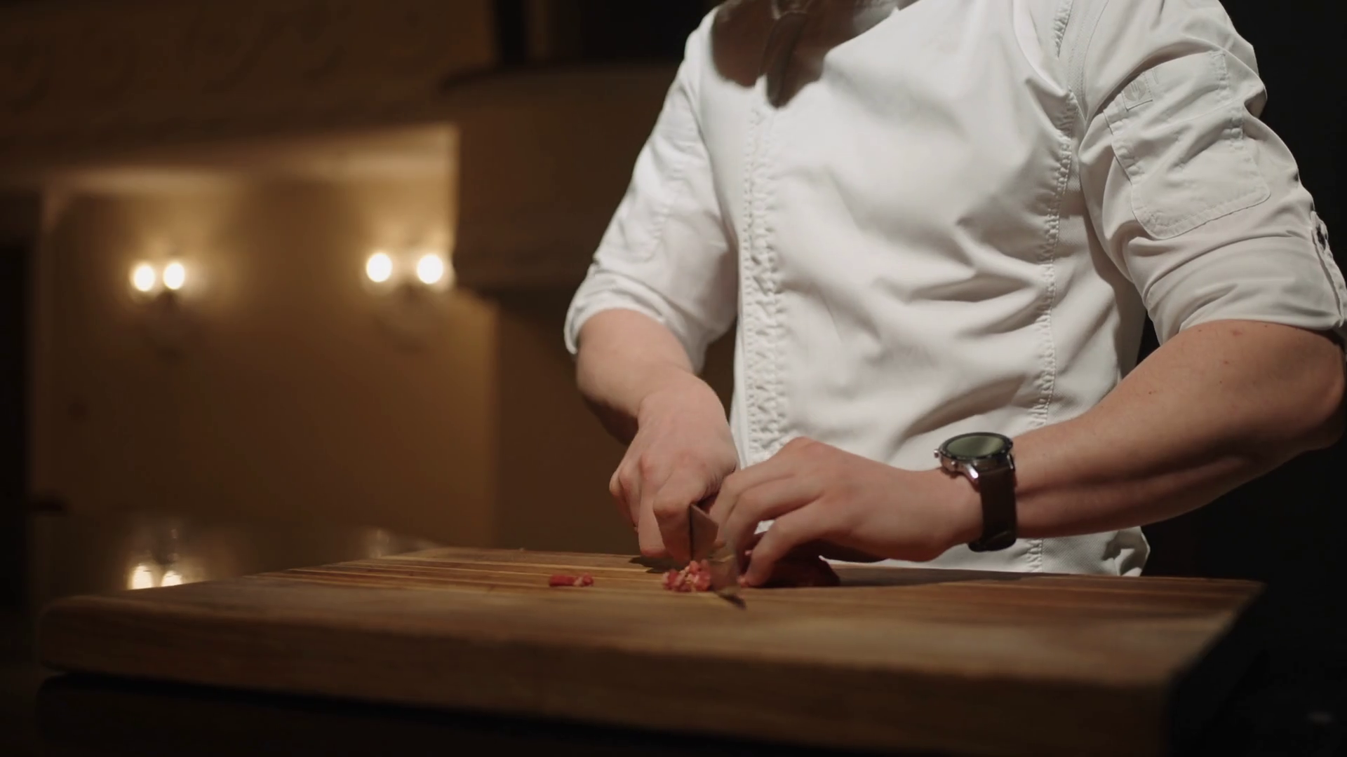 Cooking In Theater Chef Chopping Meat Inside Stock Footage SBV-347771947 - Storyblocks