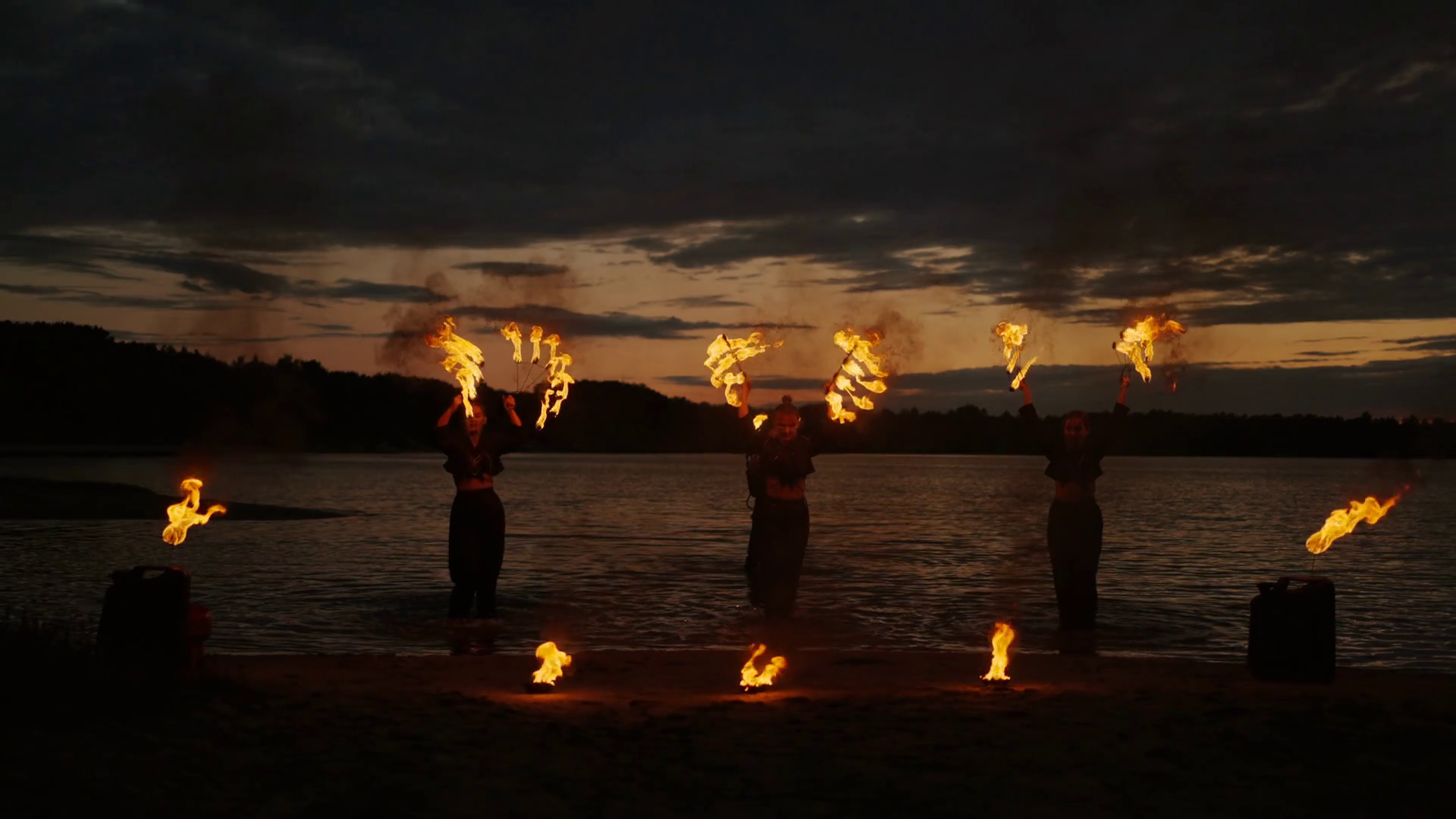Fire Show On Beach In Night Professionals Stock Footage SBV-348480873 ...