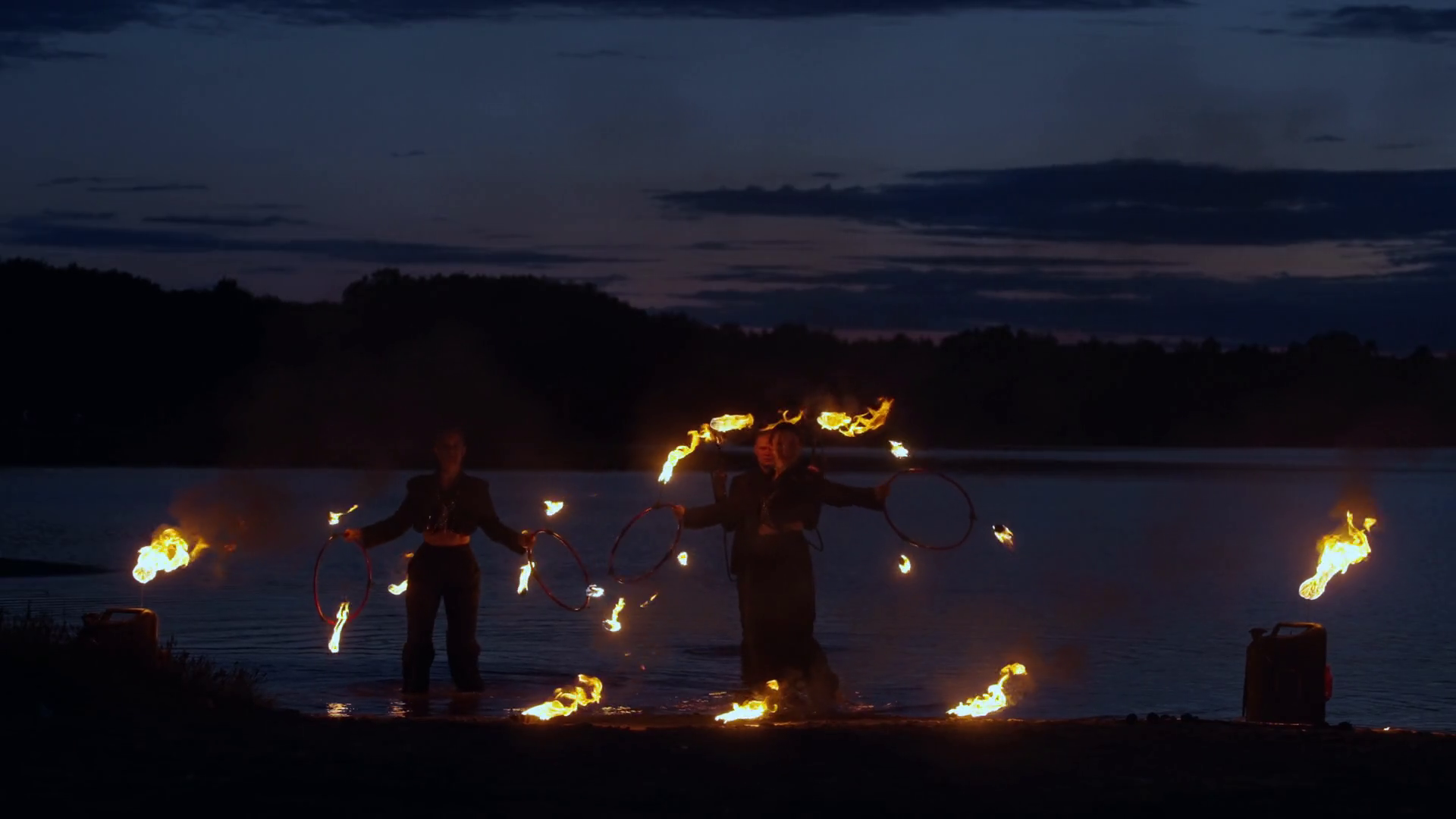 Circus Artists Performing Fire Show On River Stock Footage SBV ...
