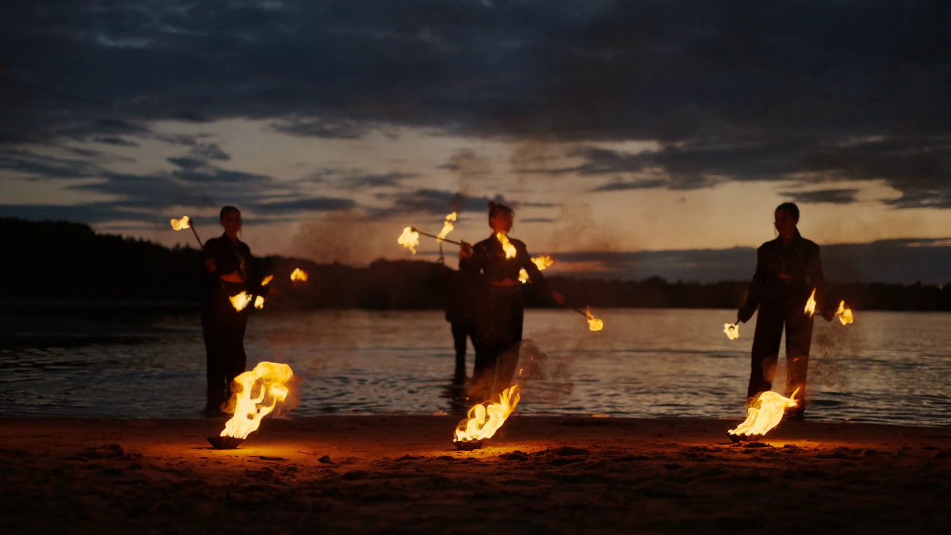 Ladies Performing Tricks With Fire On Beach Stock Footage SBV-348480887 ...
