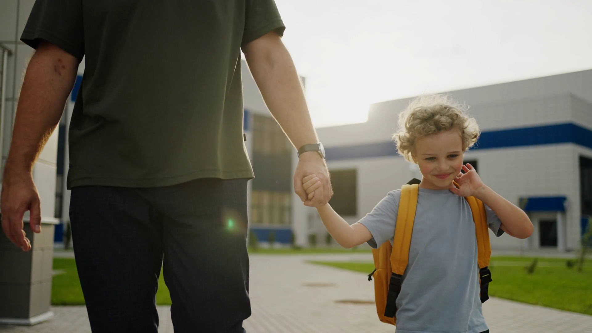 Little Schoolboy Father Holding Hands Stock Footage SBV-348439994 ...