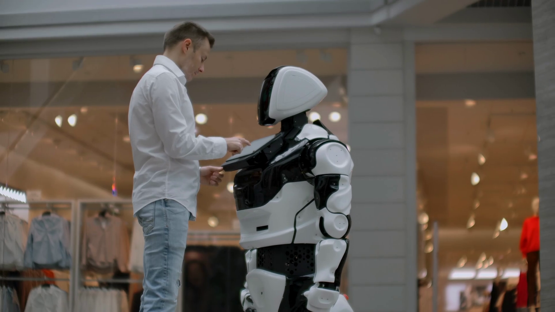 A Man Stands With Robot Bot Asks Questions Stock Footage SBV-346525796 ...