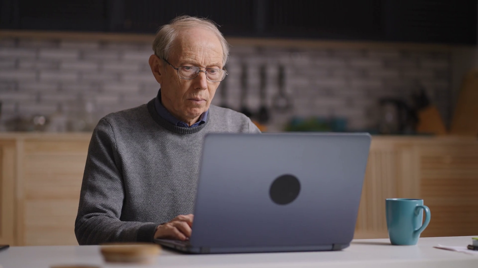 Serious Old Man Is Working With Laptop At Stock Footage SBV-346498186 ...