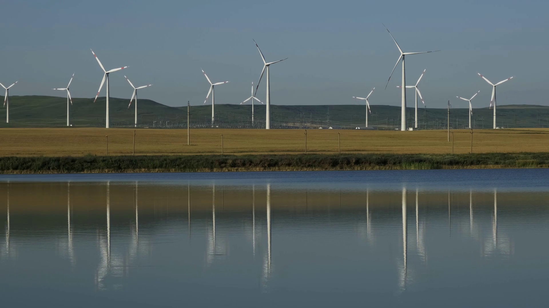 Windmills Windpower Turbines Near Lake With Stock Footage SBV-347799567 ...