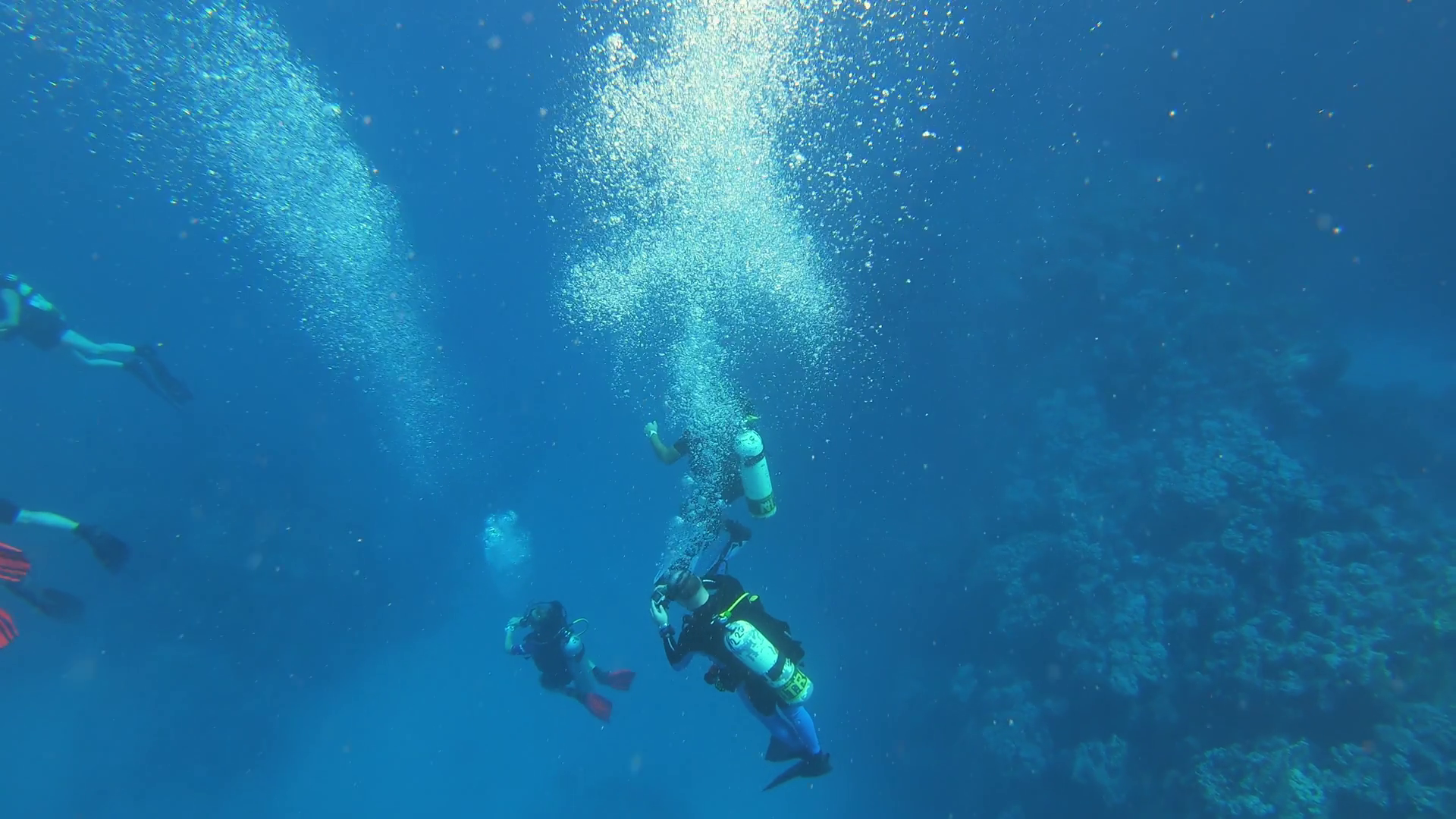 Divers Under Water Bubbles Releasing 4k Stock Footage SBV-348590992 ...