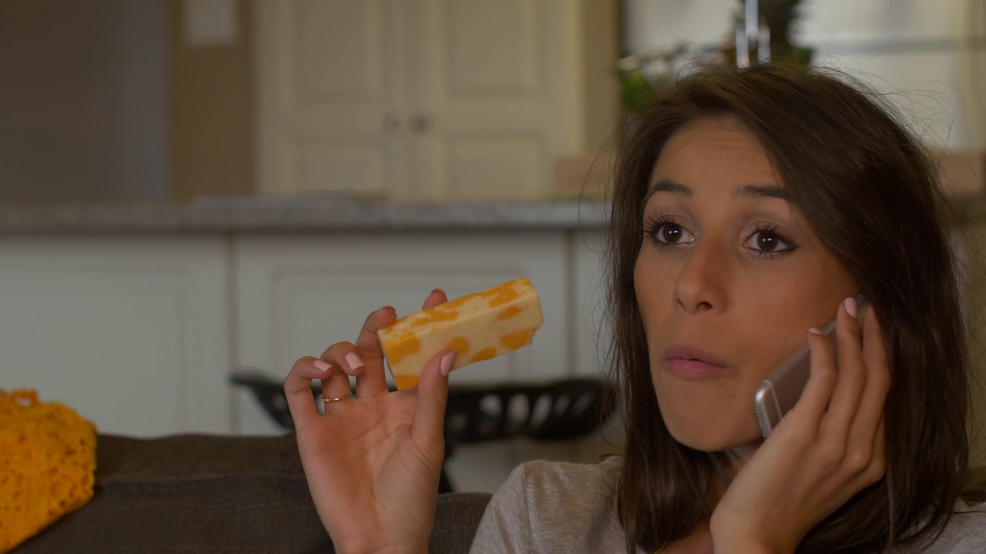 Attractive Woman Eats Cheese Talking On Stock Footage SBV-348451988 ...