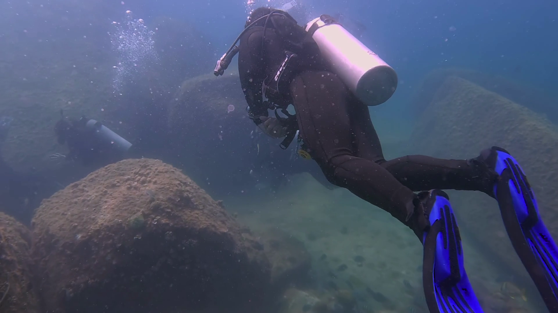 Scuba Divers Exploring In Low Visibility Stock Footage SBV-348886279 ...