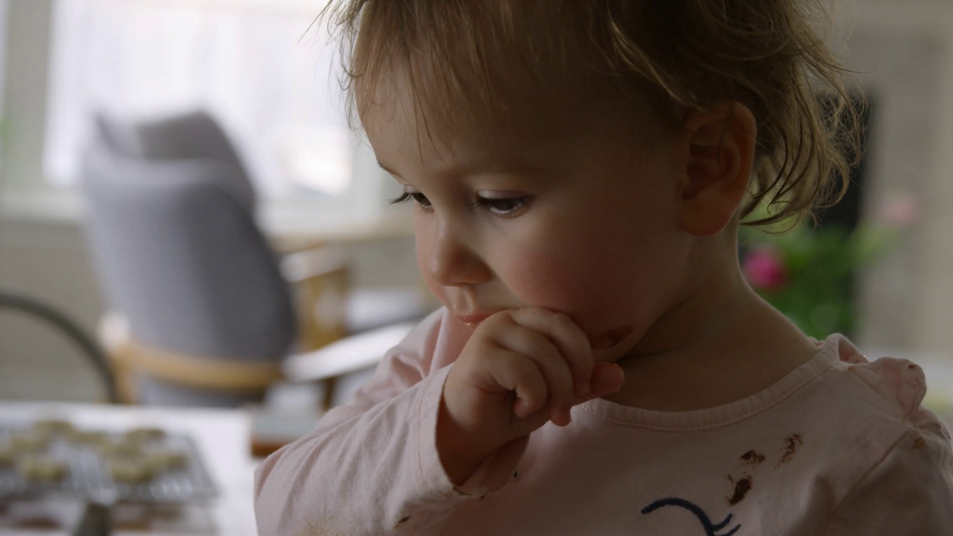 Toddler Girl Sitting On Table Pointing Taste Stock Footage SBV ...