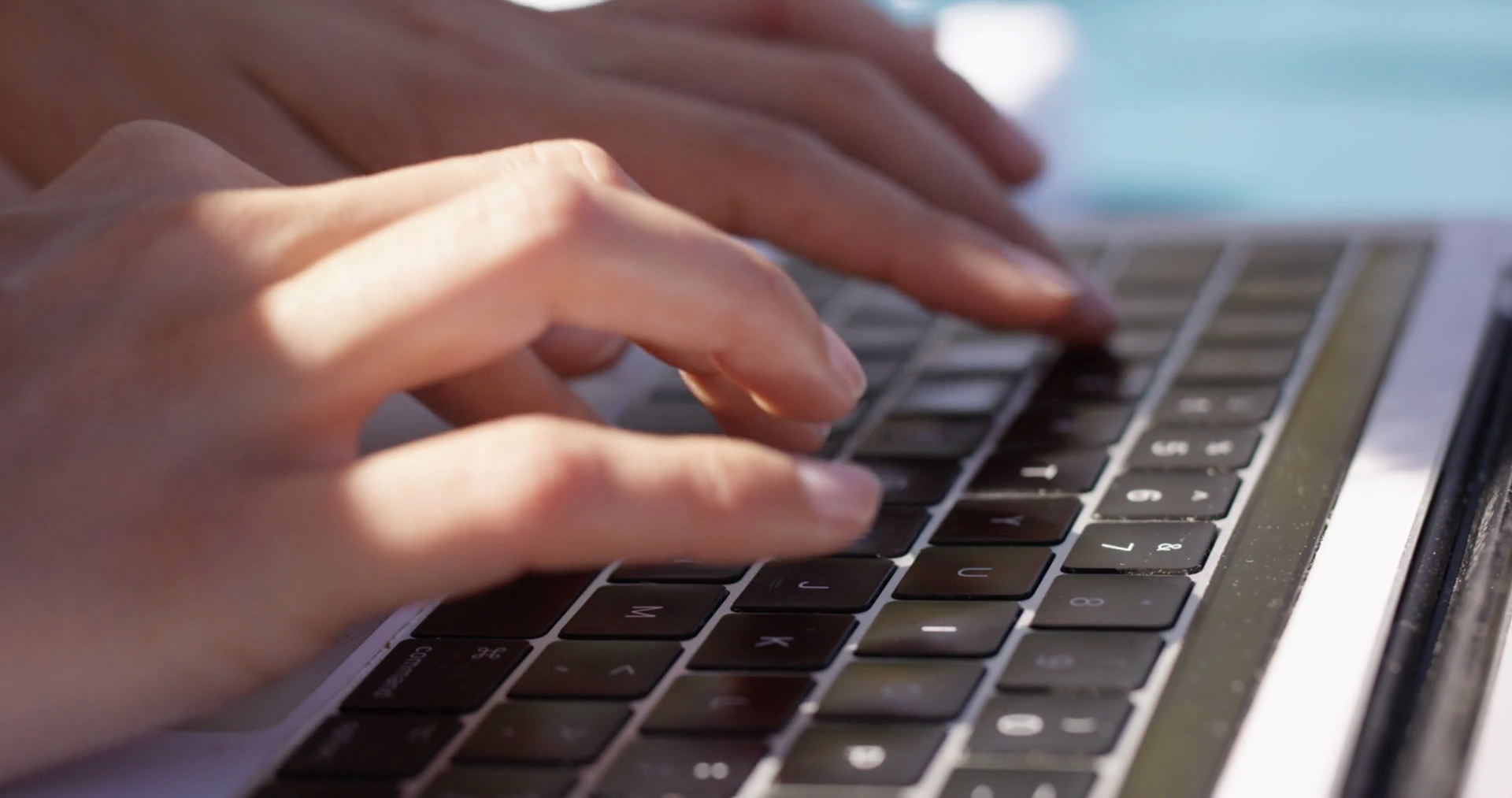 Woman Typing On Laptop Next To Resort Pool Stock Footage SBV-347707771 ...