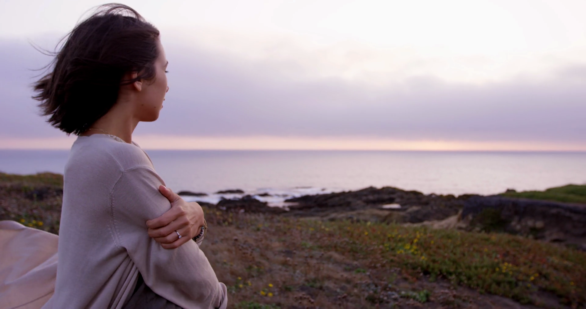 Emotional Woman Gazing At Windy Ocean View Stock Footage SBV-347708020 ...