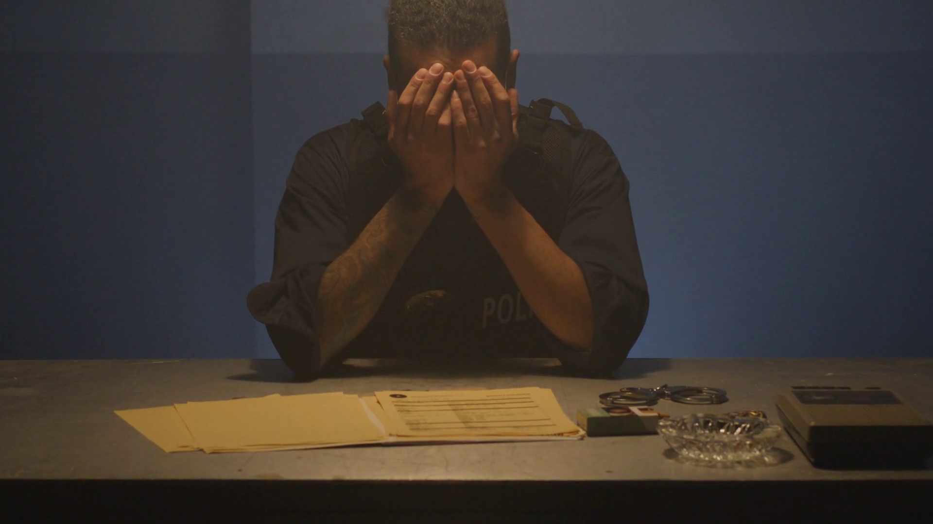 Tilt Up Shot Of Frustrated Police Officer In Stock Footage SBV ...