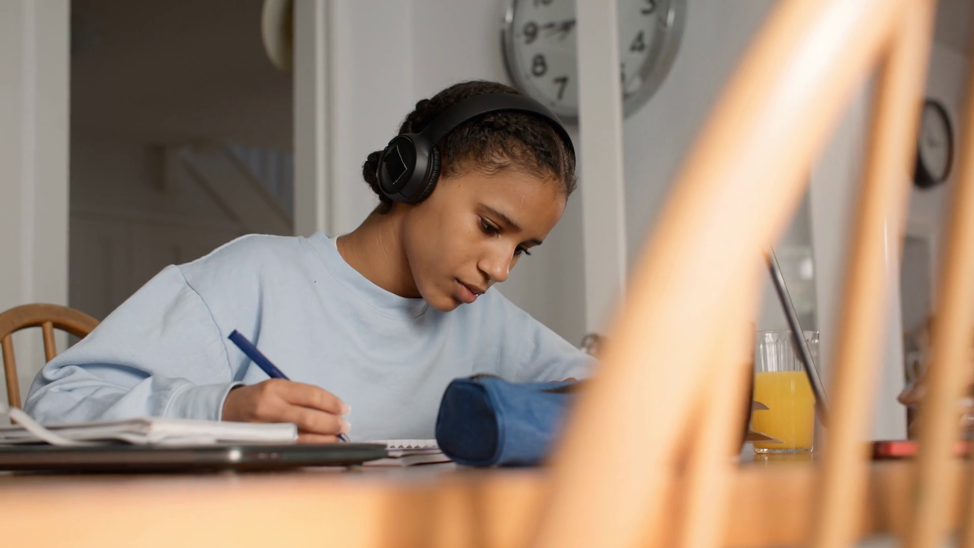 Teen Girl Doing Homework Wearing Headphones Stock Footage SBV-347512658 ...